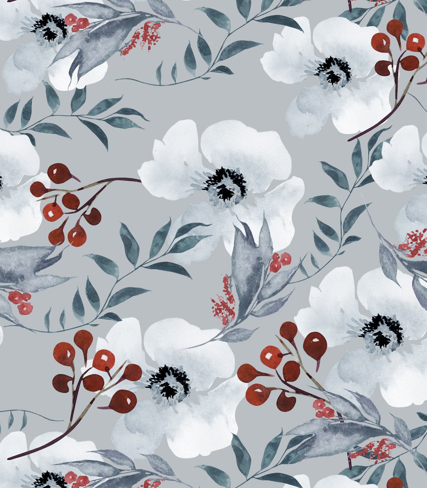 Grey/White/Red Flowers/Holly Berries Exclusive Print – Olga's Closet